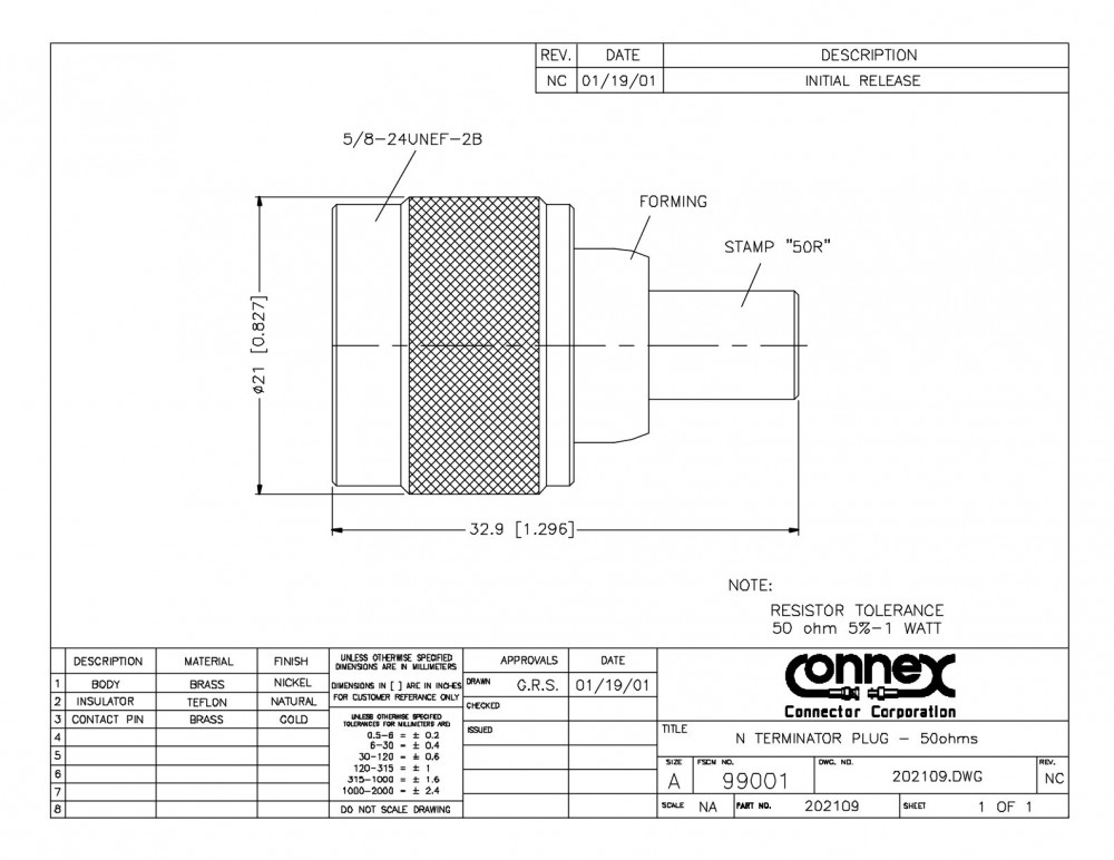 Amphenol 202109 N terminator plug drawing preview