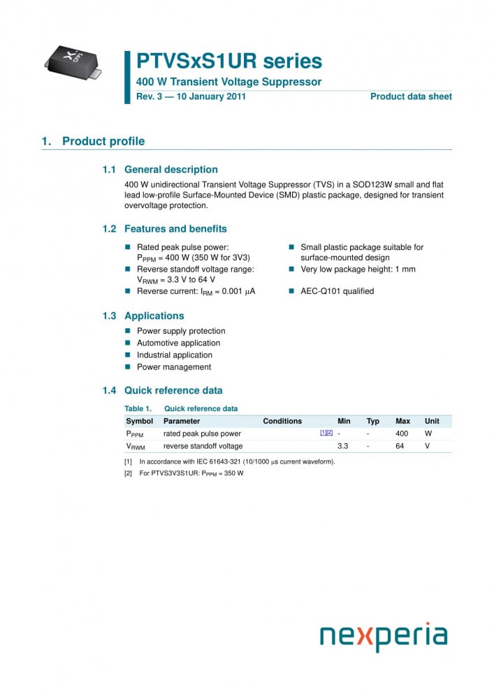 PTVS3V3S1UR datasheet page 1