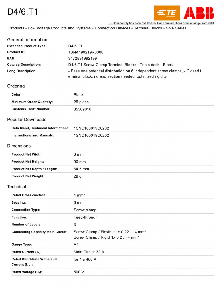 D4/6.T1 terminal block technical document, page 1