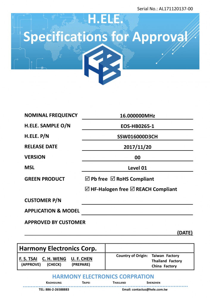 SSW016000D3CH datasheet page 1