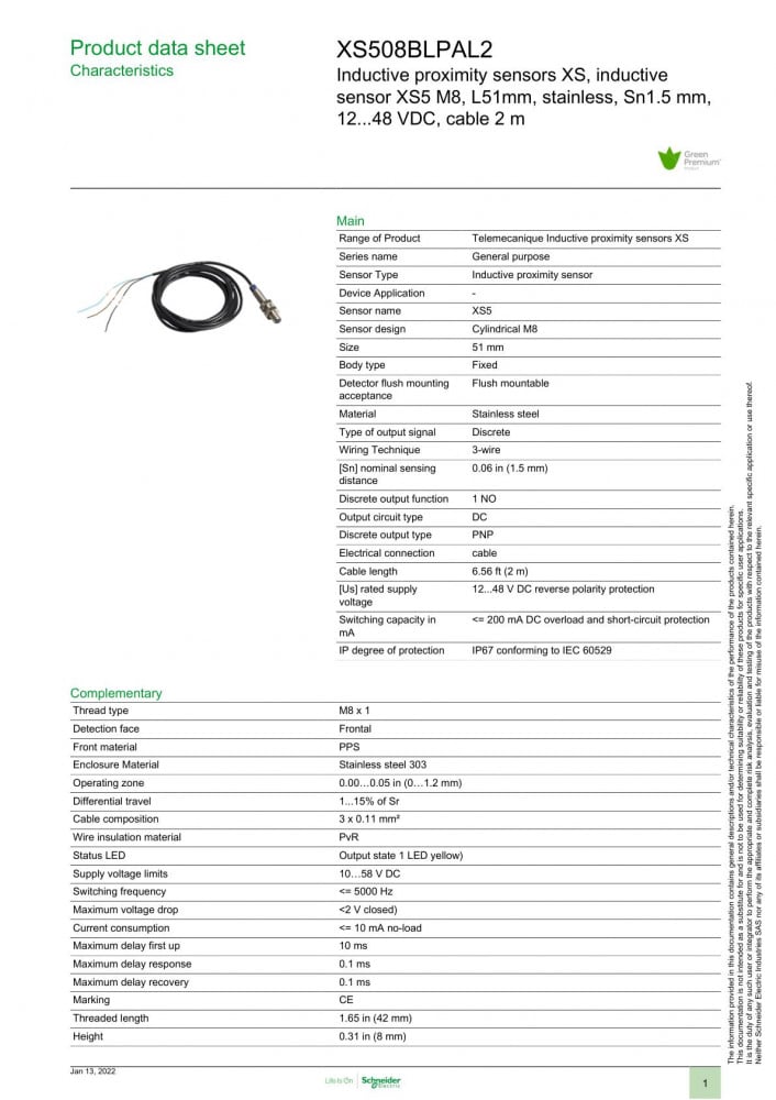 XS508BLPAL2 technical document page 1