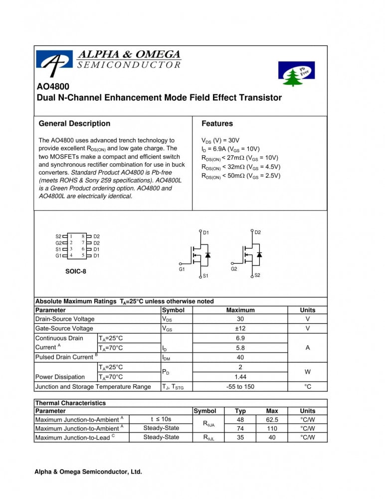 AO4800 datasheet page 1