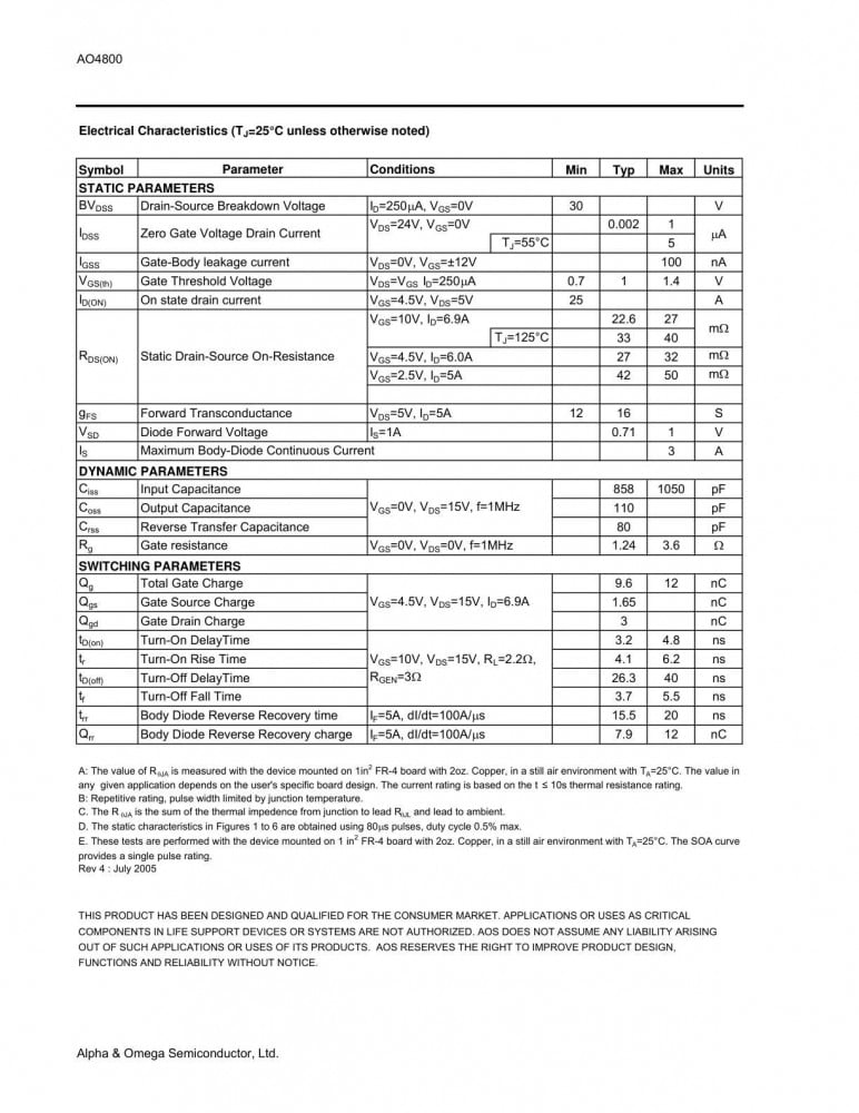 AO4800 datasheet page 2