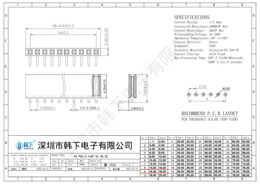 HX PM2.0-1x9P WC H6.35 technical drawing preview