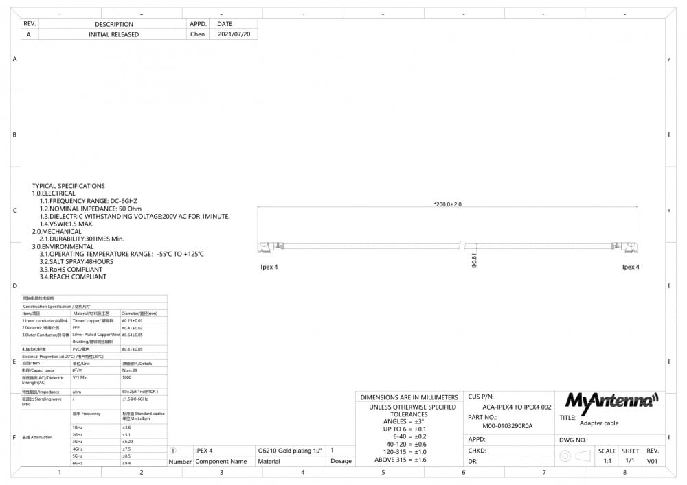 ACA-IPEX4 TO IPEX4 002 technical drawing