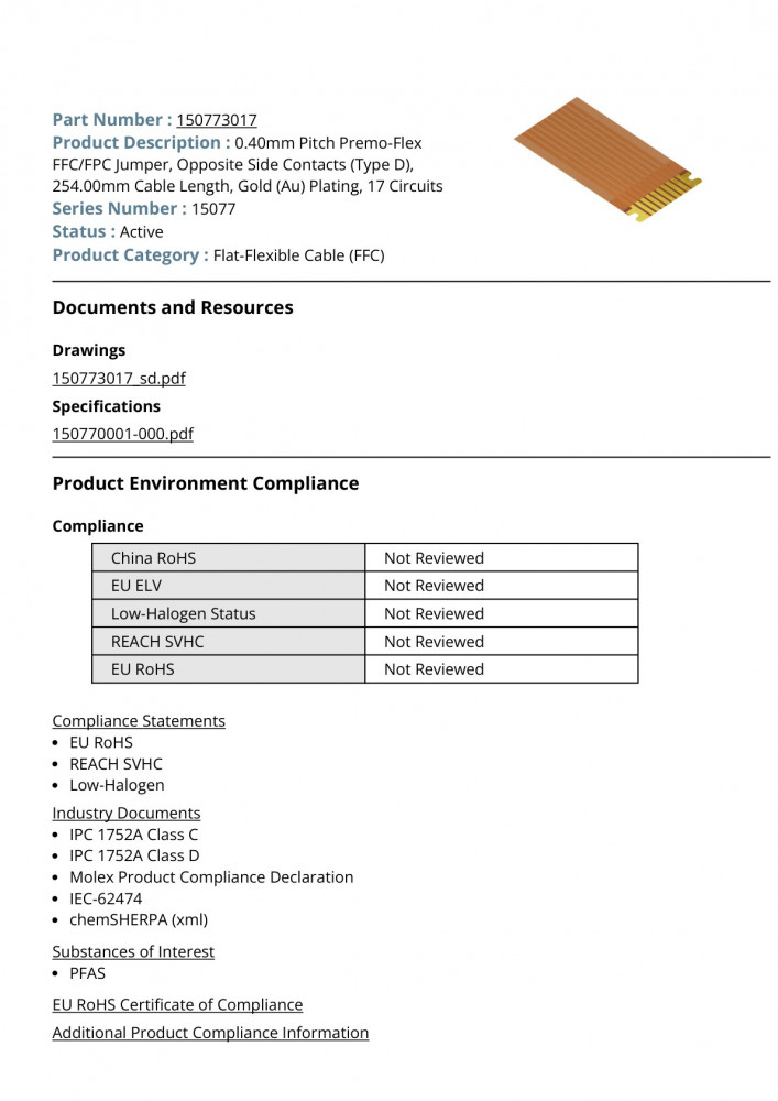 MOLEX 0.40 mm pitch FFC jumper family specification, document image 1