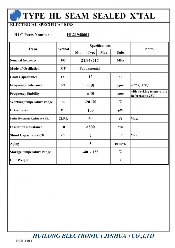 HL21948001 specification page 2