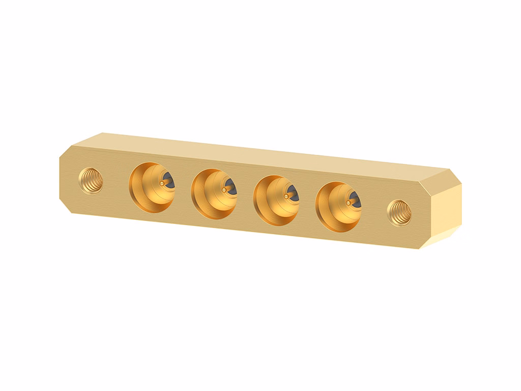 SMPM Plug, Right-Angle, Smooth Bore, 4-Port, PCB, Surface Mount, Tape and Reel without Pick-and-Place Tape, 4.32mm Legs