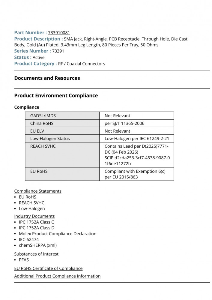 MOLEX 733910081 product document image, page 1