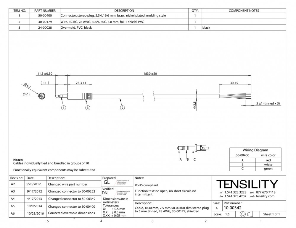 Tensility International product drawing for cable assembly 10-00342