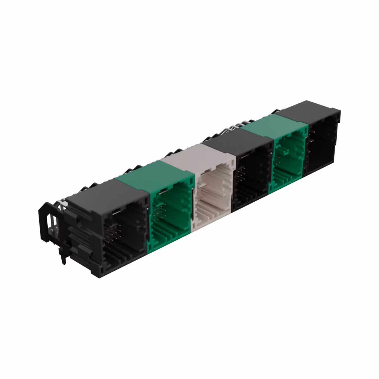 stAK50h 6 Bay Right-Angle Hybrid Header, 132 Circuits, Bay 1: 23 Circuits/Key 1/Dark Gray; Bay 2: 23 Circuits/Key 2/Green; Bay 3: 23 Circuits/Key 3/Gray; Bay 4: 23 Circuits/Key 4/Black; Bay 5: 28 Circuits/Key 2/Green; Bay 6: 12 Circuits/Key 1/Black; Tray for sale