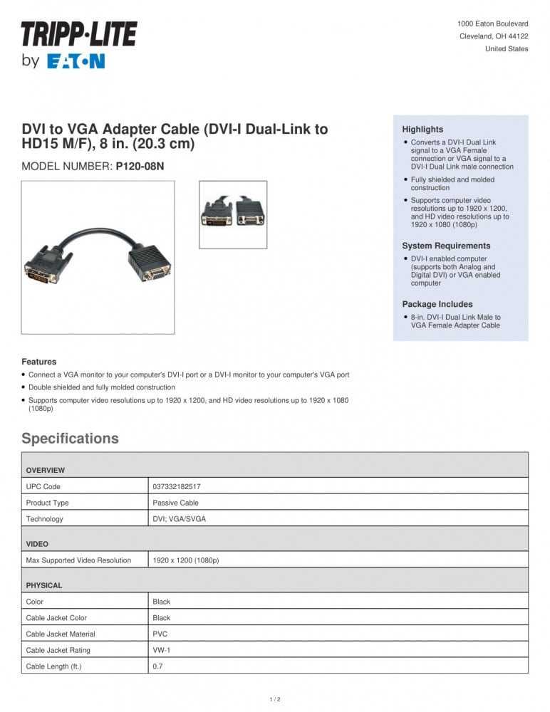 EATON P120-08N technical document page 1