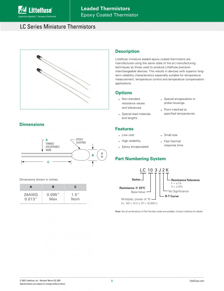 LC Series miniature thermistor product documentation page 1
