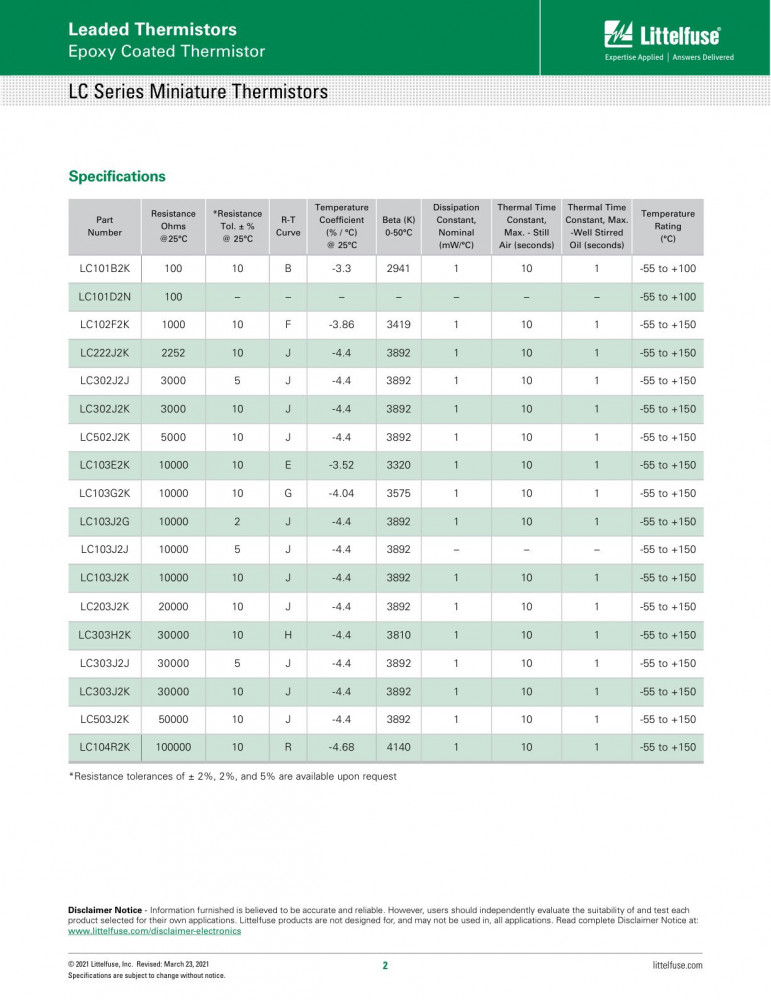LC Series miniature thermistor product documentation page 2