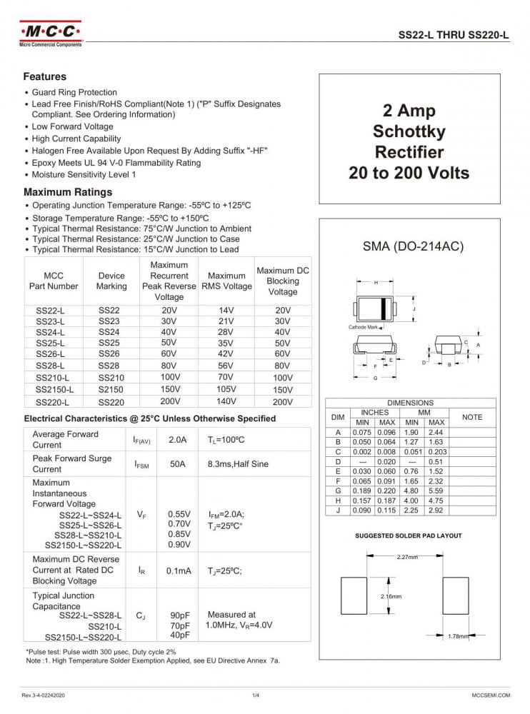 MCC SS2150-LTP datasheet page 1