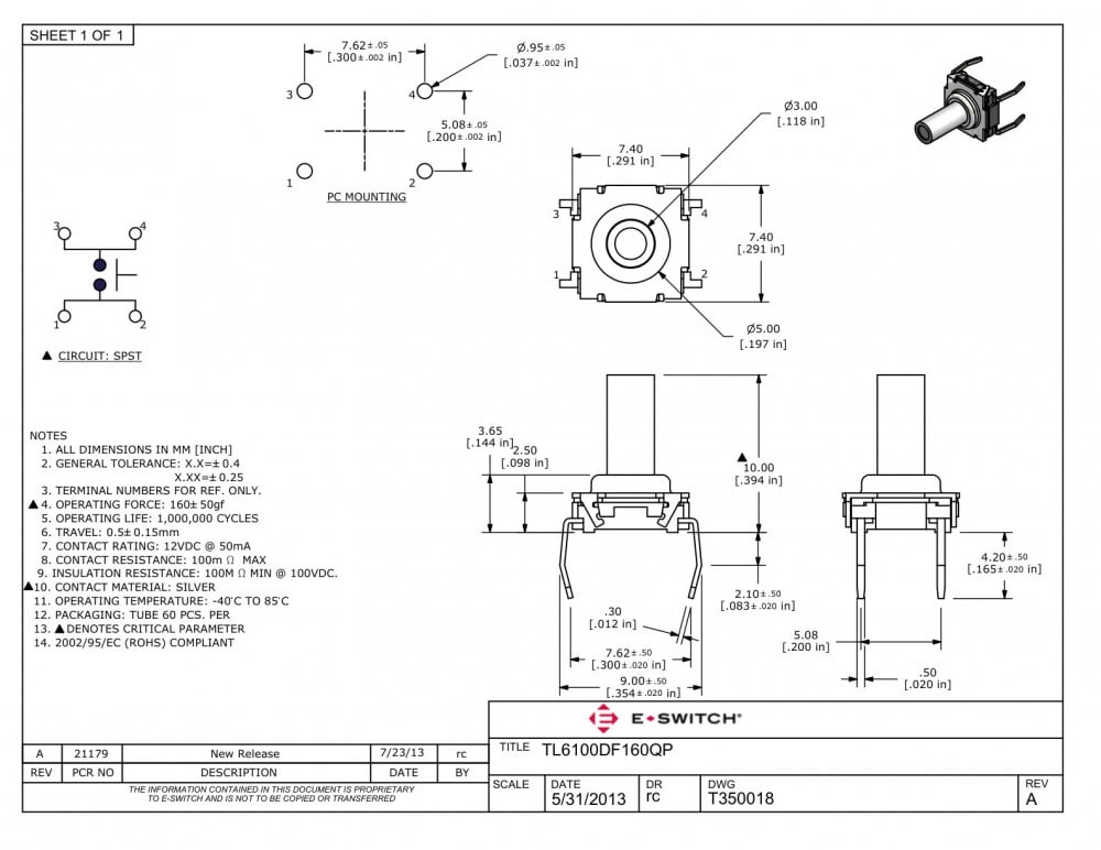 E-Switch TL6100DF160QP technical drawing
