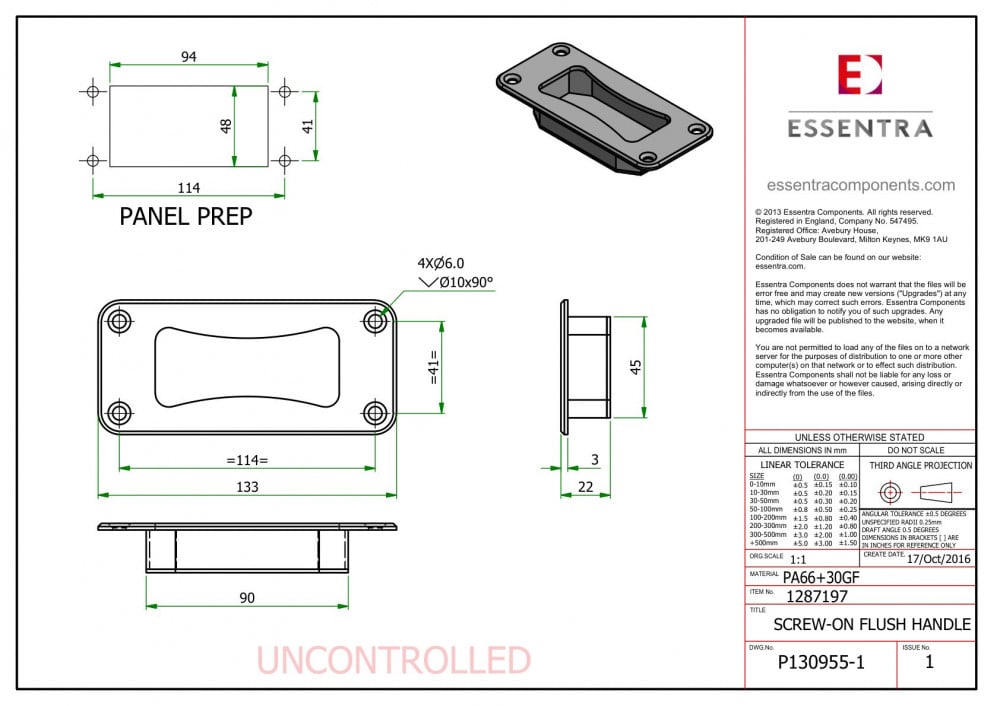 Essentra 1287197 screw-on flush handle technical drawing