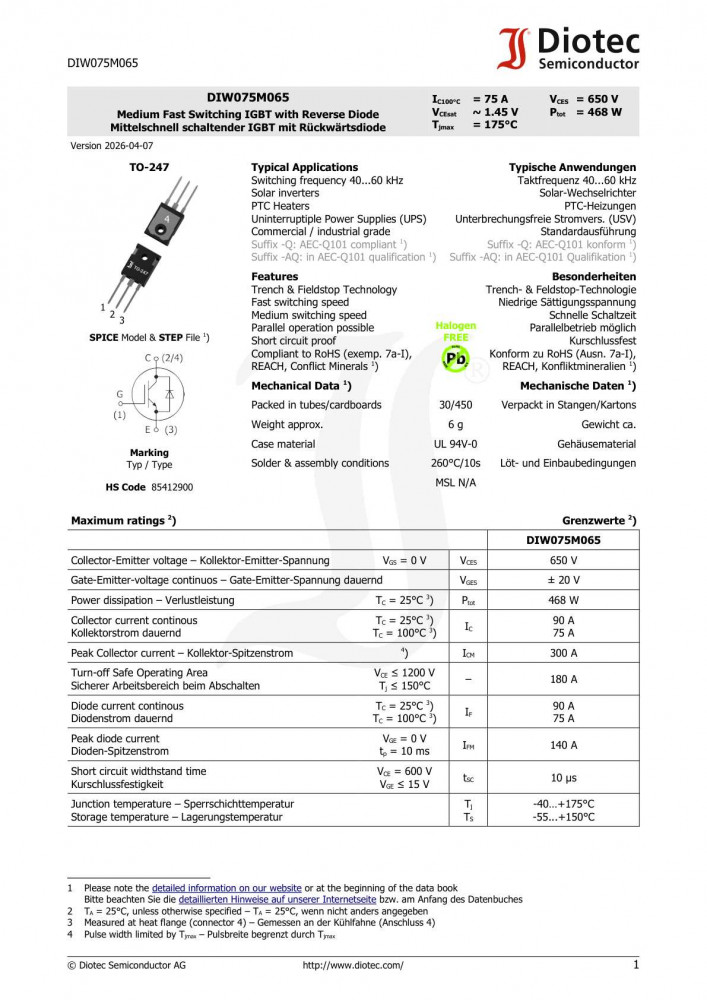 DIW075M065 datasheet page 1