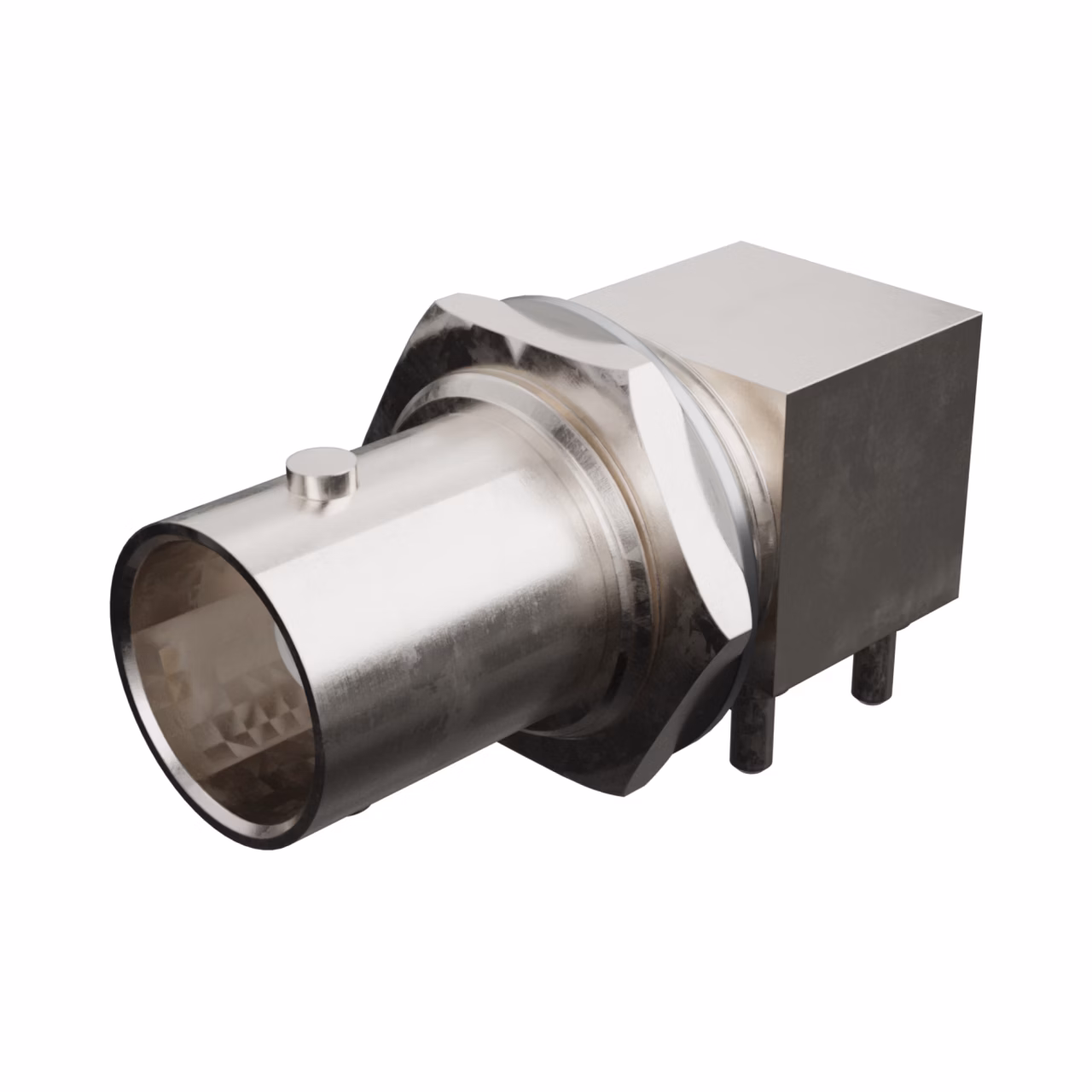 BNC Jack, Right-Angle, Bulkhead Receptacle, PCB, Brass Body, Nickel (Ni) Plated, Housing Height 10.54mm, Jam Nut and Lockwasher Included, Bag, 75 Ohms for sale