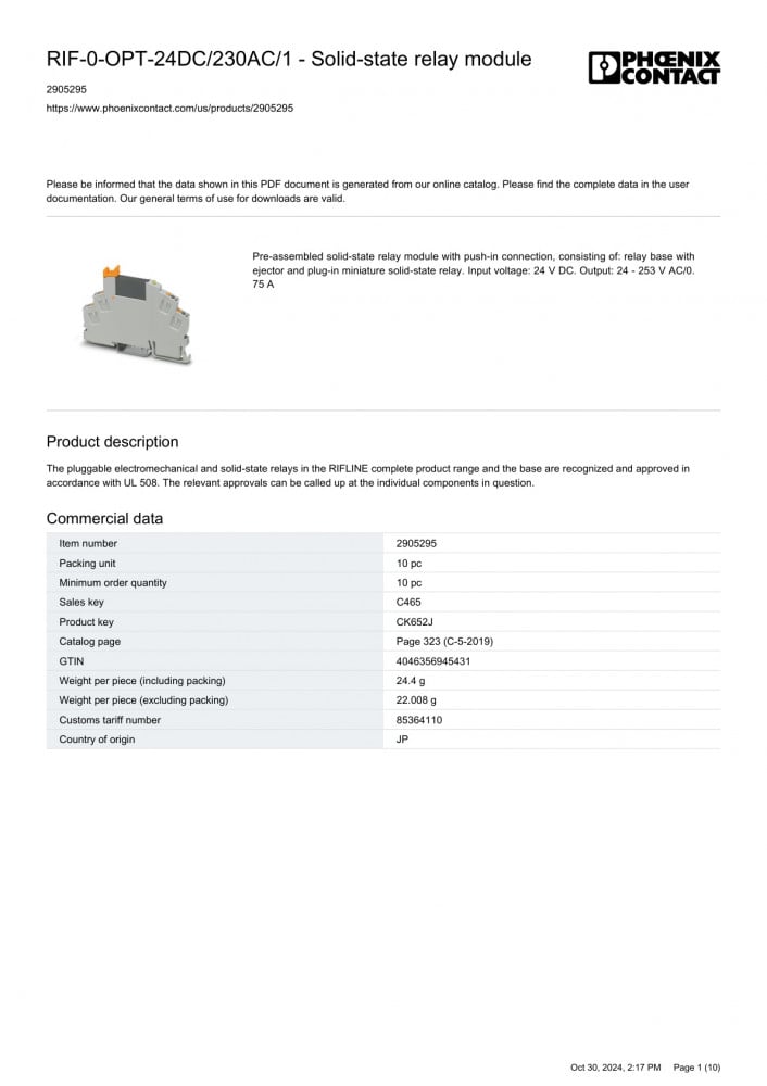 Phoenix Contact 2905295 document page 1