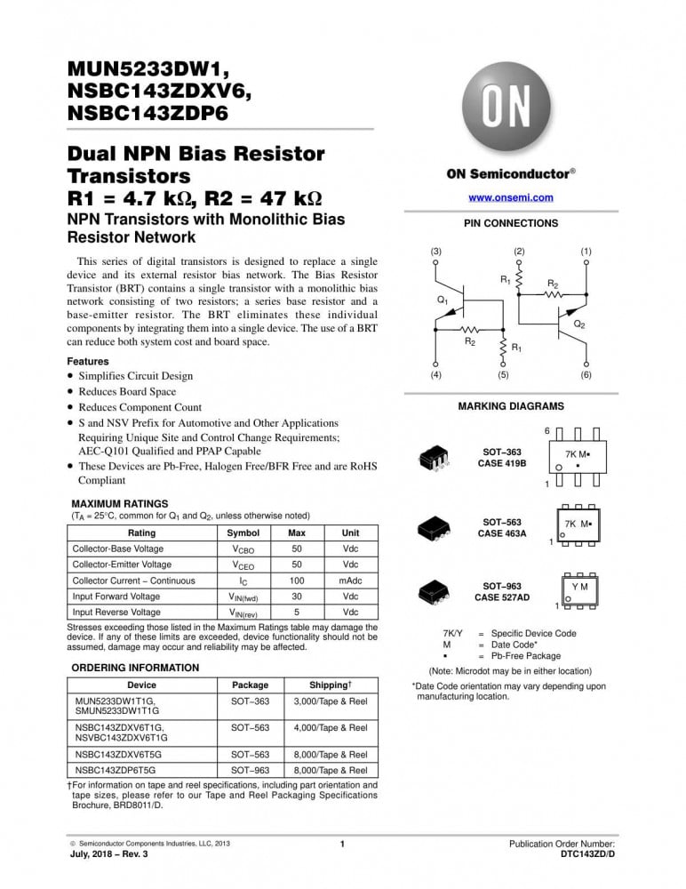 NSVBC143ZDXV6T1G datasheet page 1