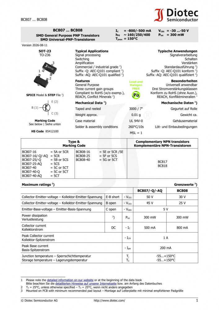DIOTEC BC807 and BC808 datasheet page 1