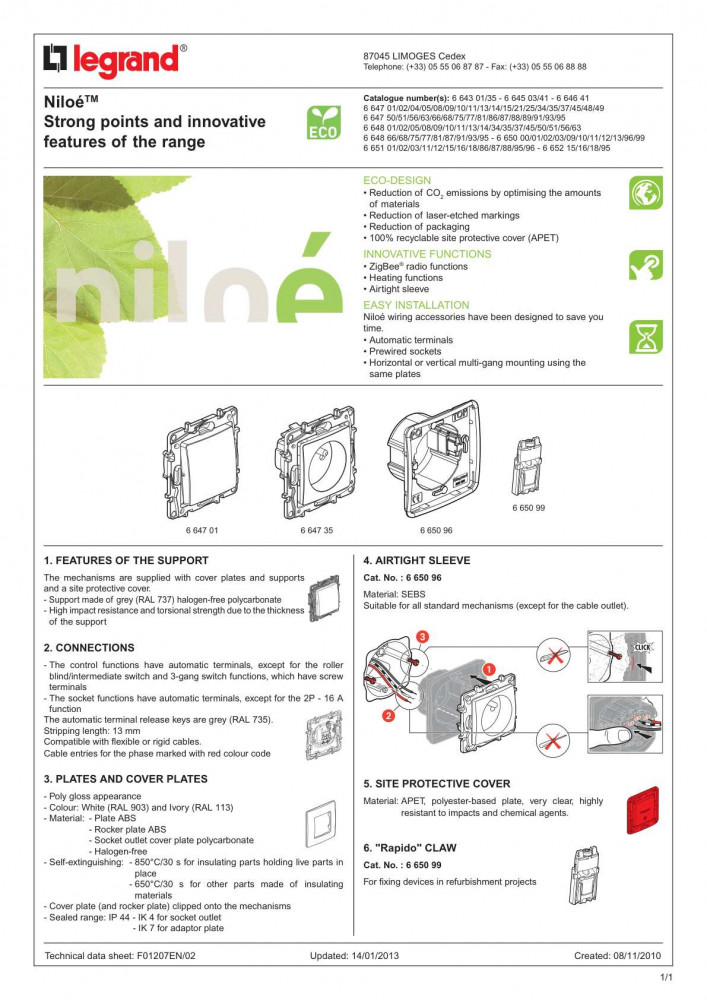 Product documentation page for the supplied Legrand material