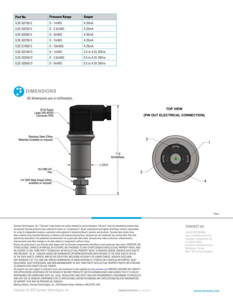 Sensata ILSE transmitter dimensions and pinout