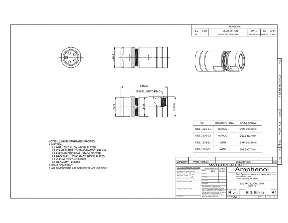 Amphenol RT0L-16CG-S2 technical drawing page