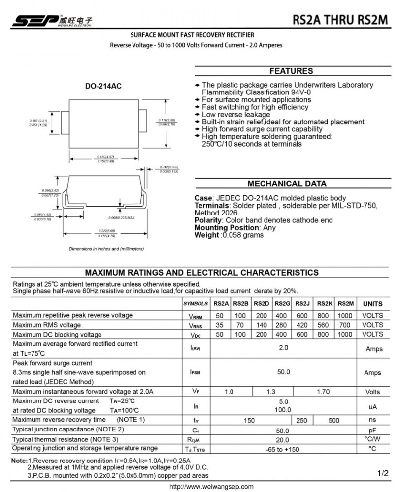 SEP RS2M(SMA) datasheet page 1