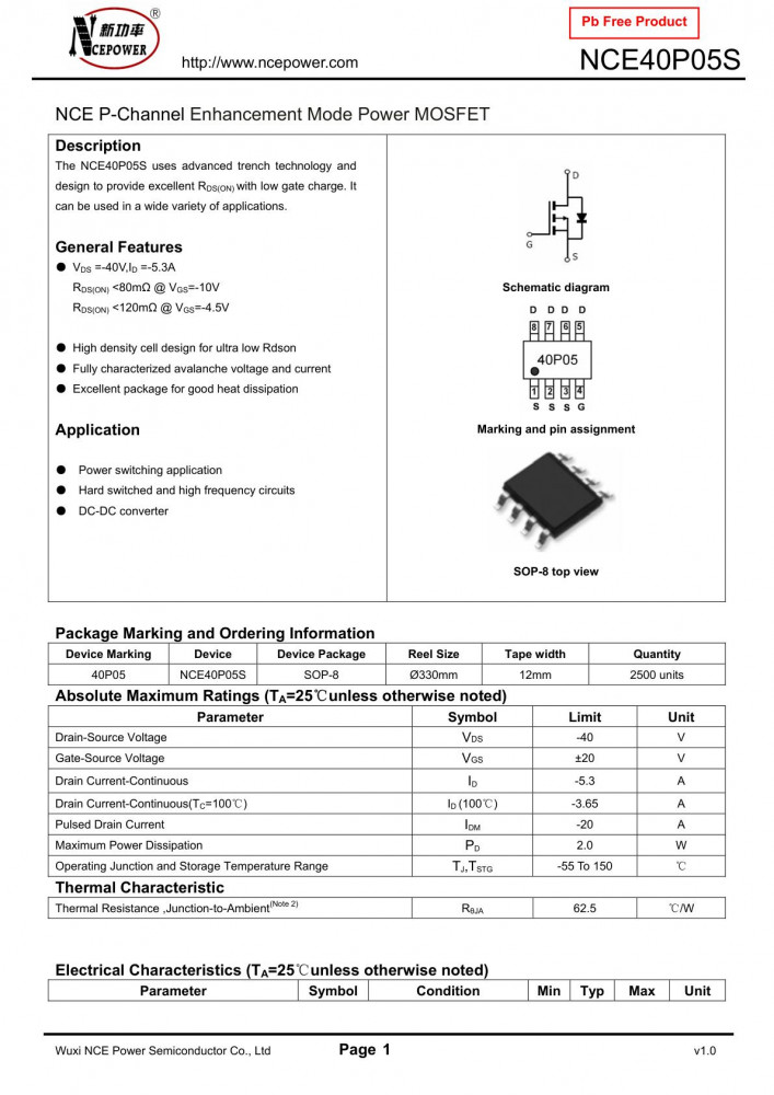 NCE40P05S datasheet page 1