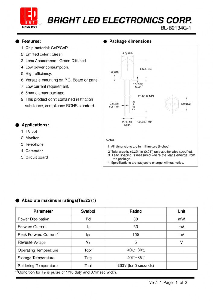 BL-B2134G-1 datasheet page 1