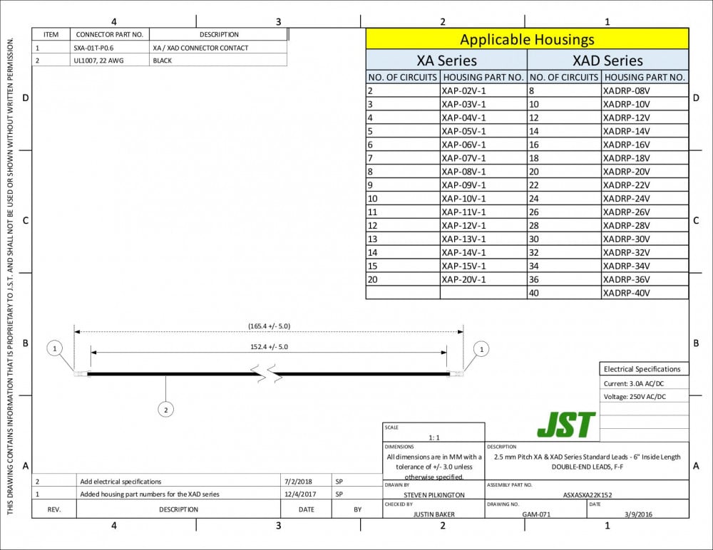 JST XA and XAD connector technical document