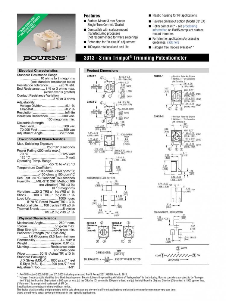 BOURNS 3313 series datasheet page 1