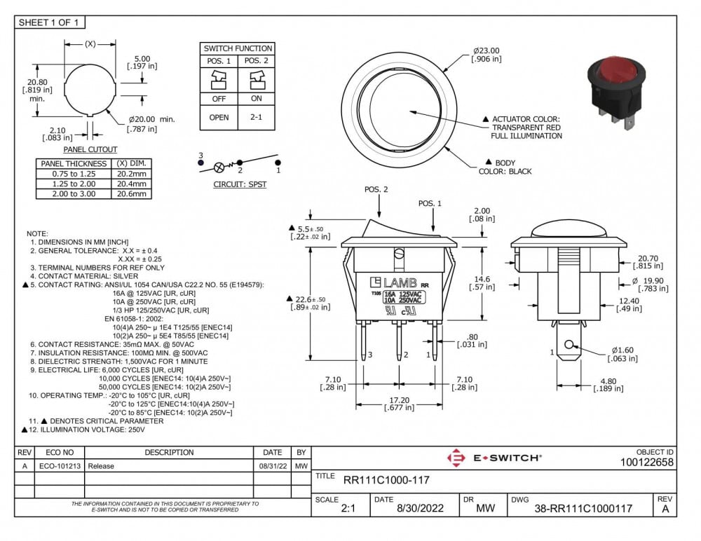 E-Switch RR111C1000-117 technical drawing