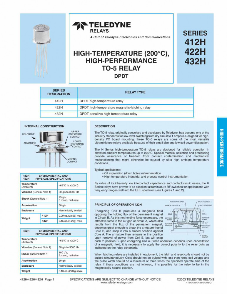422H high-temperature relay datasheet page 1
