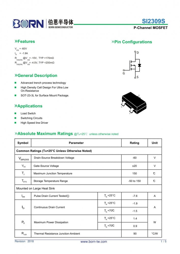 SI2309S datasheet page 1