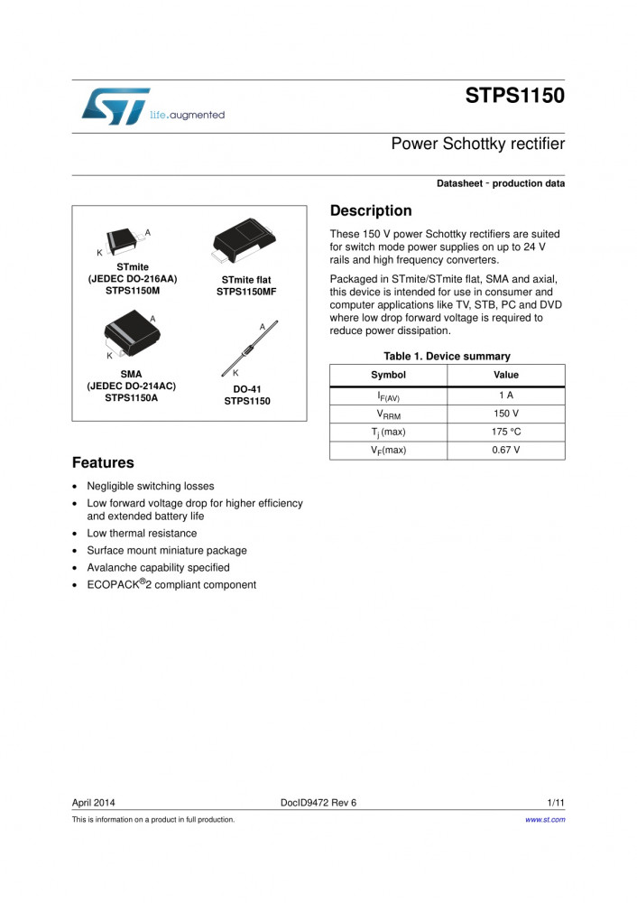 STPS1150 datasheet page 1
