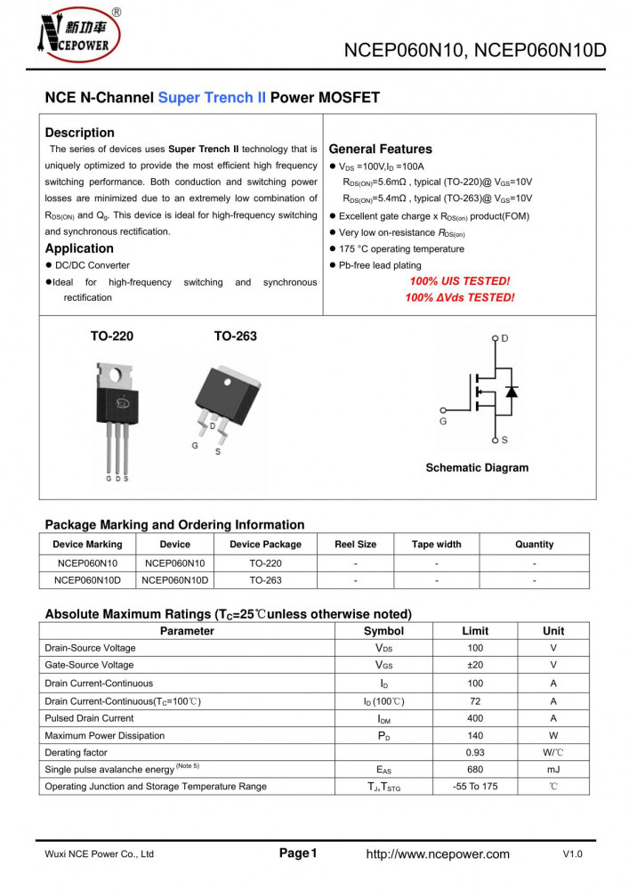 NCEP060N10 datasheet page 1
