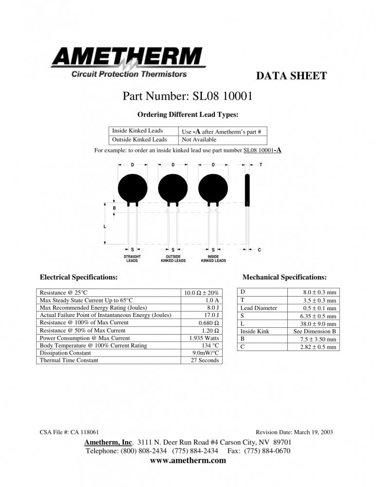 Ametherm SL08 10001 technical document page
