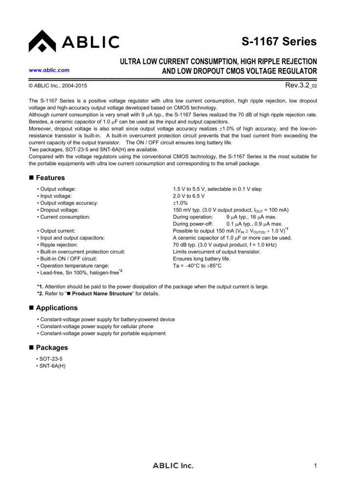 ABLIC S-1167 datasheet page 1