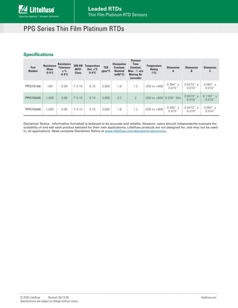 Littelfuse PPG series RTD technical document page 2