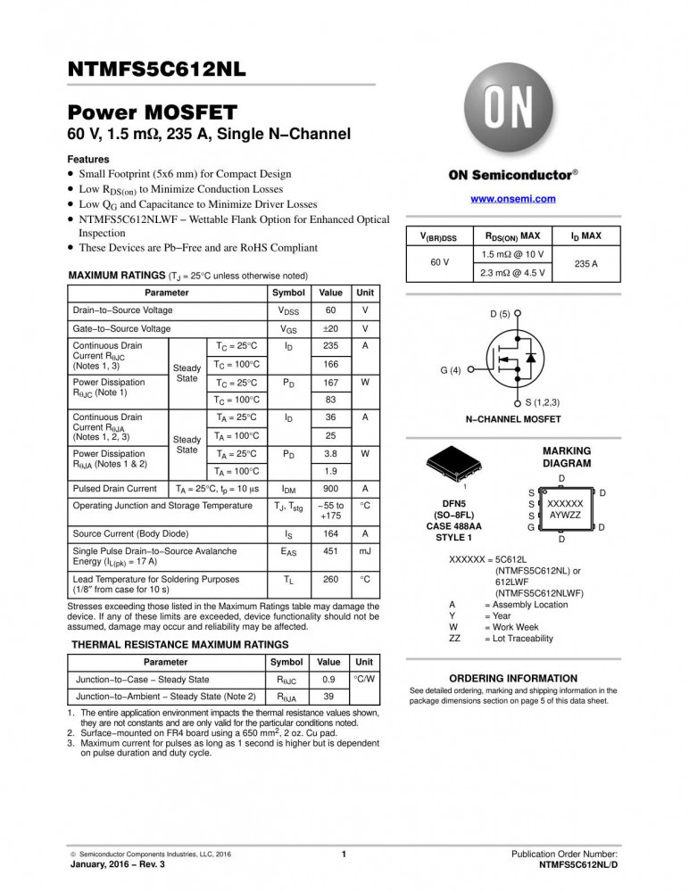 NTMFS5C612NLT1G datasheet page 1