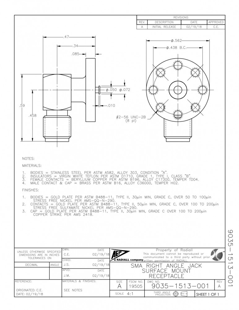 Radiall 9035-1513-001 SMA right-angle jack surface-mount receptacle drawing