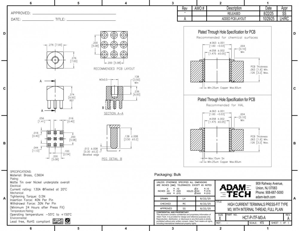 ADAM TECH high-current press-fit terminal drawing preview