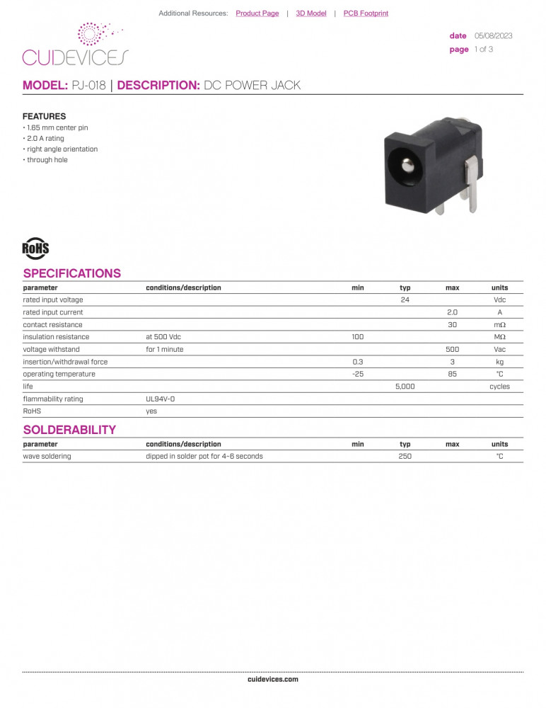CUI PJ-018 datasheet page 1