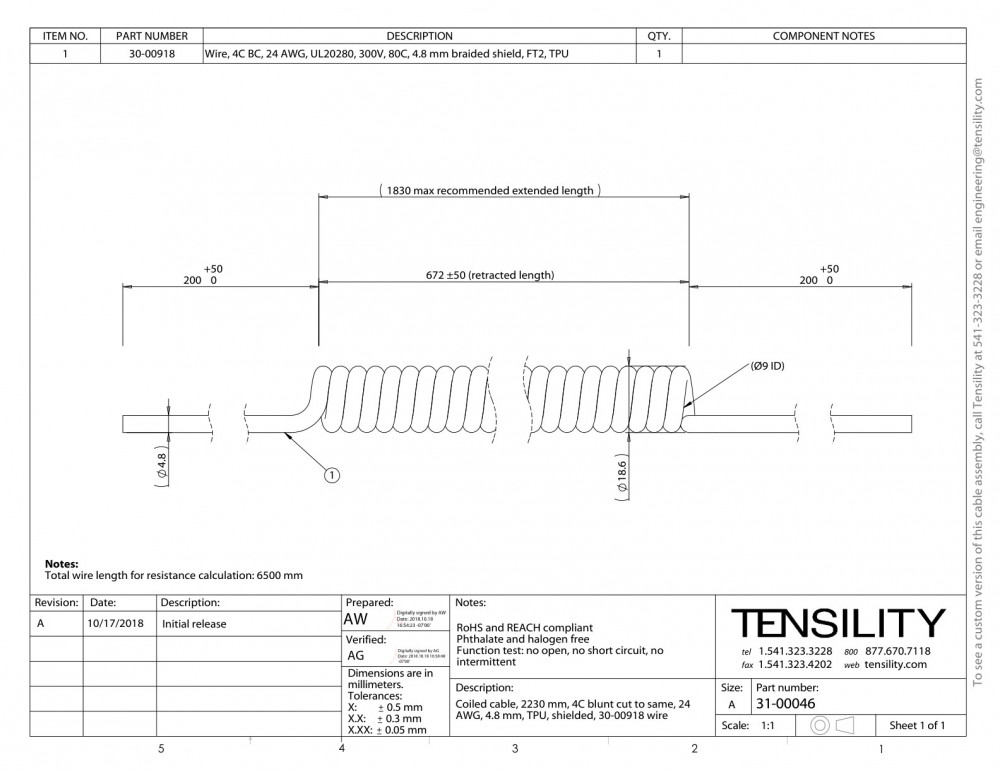 Tensility International product drawing for cable assembly 31-00046
