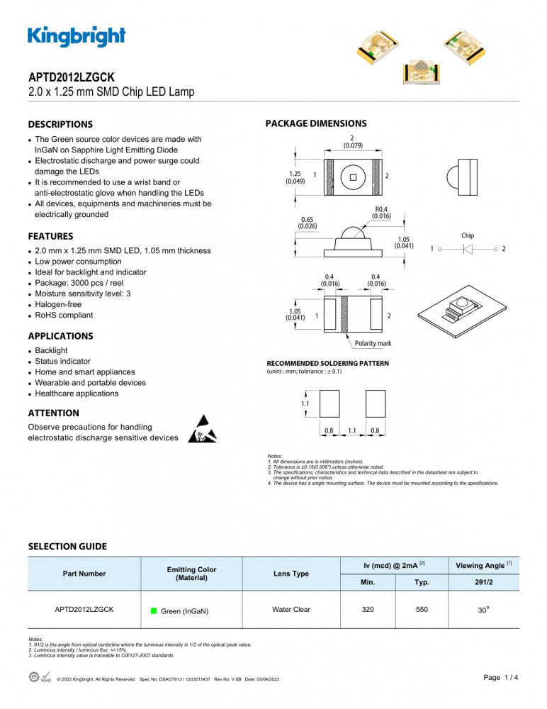 APTD2012LZGCK datasheet page 1