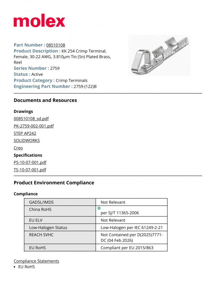 MOLEX KK 254 specification document page 1