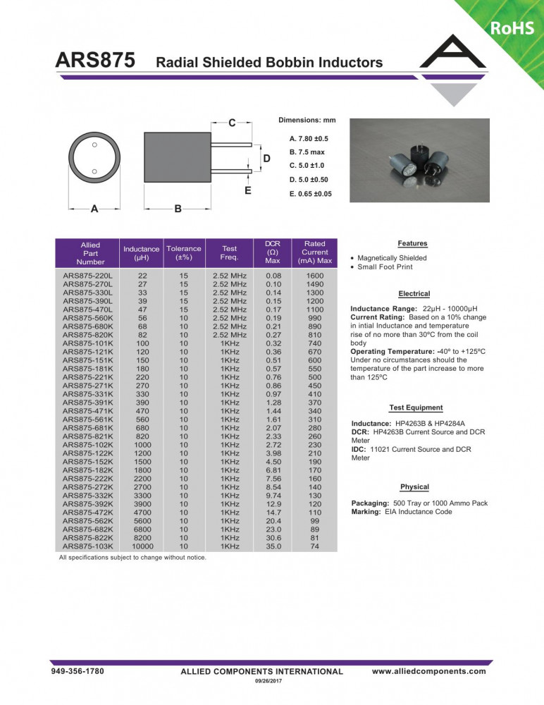 ARS875 series datasheet page showing mechanical dimensions and electrical specifications